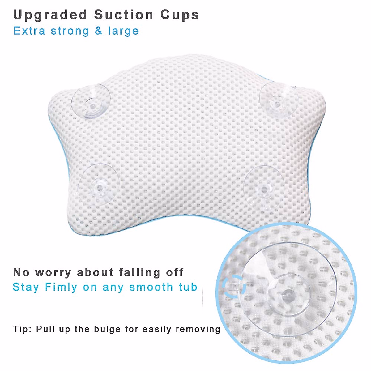 Non Slip Bath Pillow, Luxury Spa Bathtub Head & Neck Rest Support, Permeable Quick Drying Air Mesh Tub Pillow with 4 Large Suction Cups, Fits Any Tubs, Soft and Relaxing