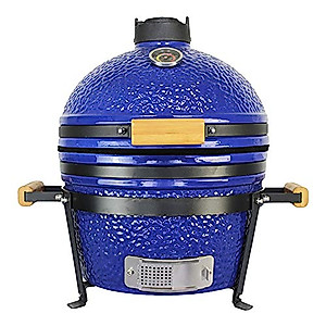 RJMOLU Large BBQ Grill, 16" Barbecue Grill Smoker BBQ Grill with 2 Foldable Wooden Side Shelves, Ceramic Barbecue for Picnic Garden Terrace Camping Travel,Blue