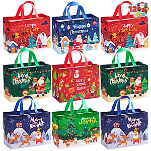 JOYIN Christmas 12 PCS Tote Bags Large Size 12.8"*9.8" Gift Bags for Xmas Party. Holiday Reusable Grocery Bags Bulk With Handles as Goodie Bags, Party Supplies Bags, Party Favor Shopping Bags.