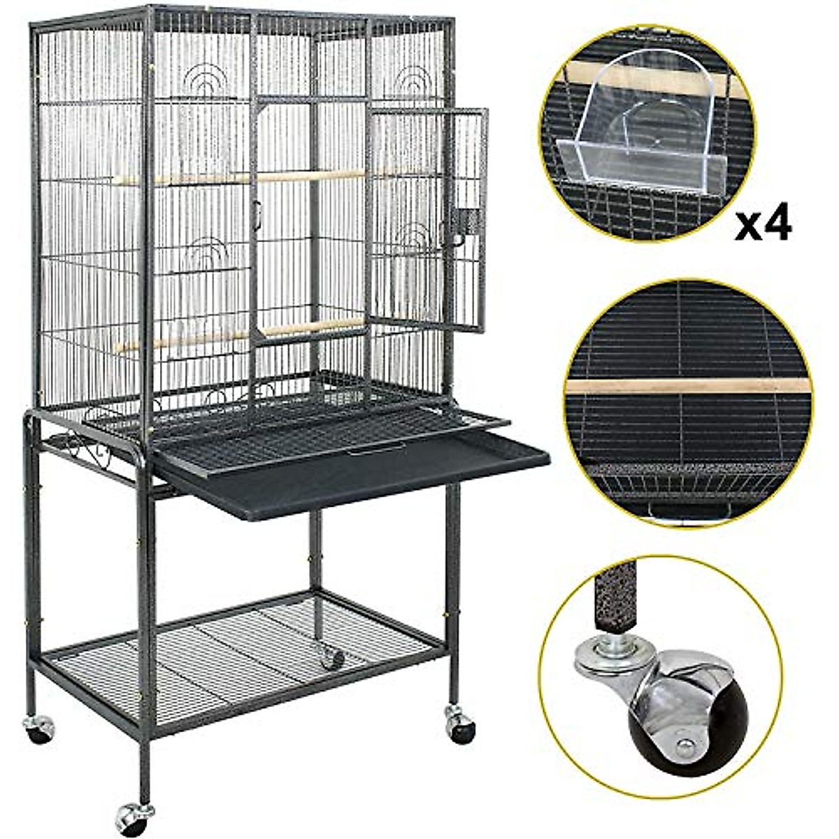 SUPER DEAL 53-Inch Rolling Bird Cage Large Wrought Iron Cage for Cockatiel Sun Conure Parakeet Finch Budgie Lovebird Canary Medium Pet House with Rolling Stand & Storage Shelf