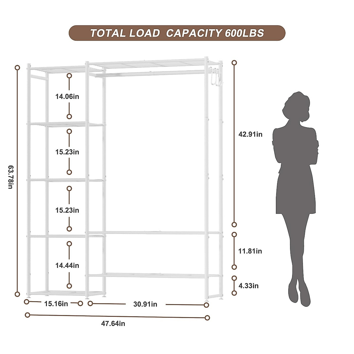 Neprock Clothing Racks for Hanging Clothes with Shelves, Portable Closet System Organizer Garment Rack for Clothes Storage, Metal Free Standing Wardrobe Clothes Organizer(White)