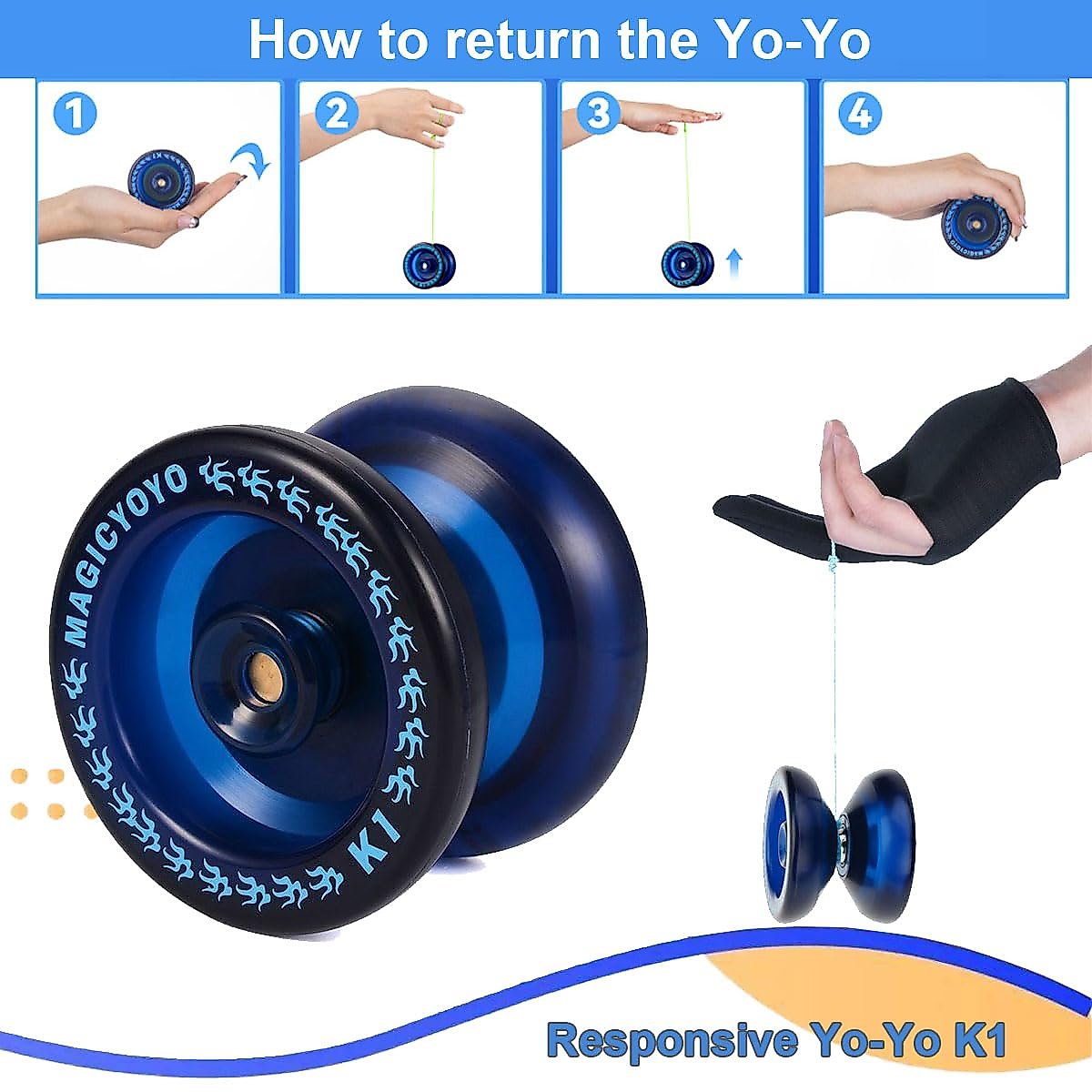 MAGICYOYO Responsive YoYo K1-Plus for Kids Beginners with Yoyo Storage Bag + 12 Yoyo Strings and Yo-Yo Glove (K1-Dark Blue)