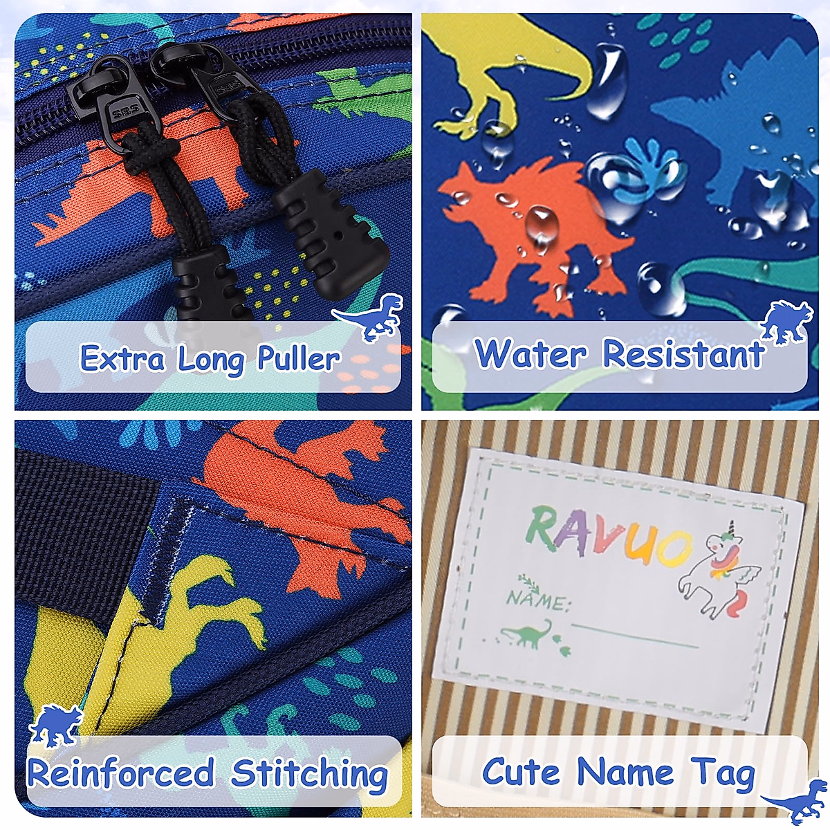 RAVUO Kids Backpack, Cute Dinosaur Backpack for Boys Toddler School Bookbag with Chest Strap