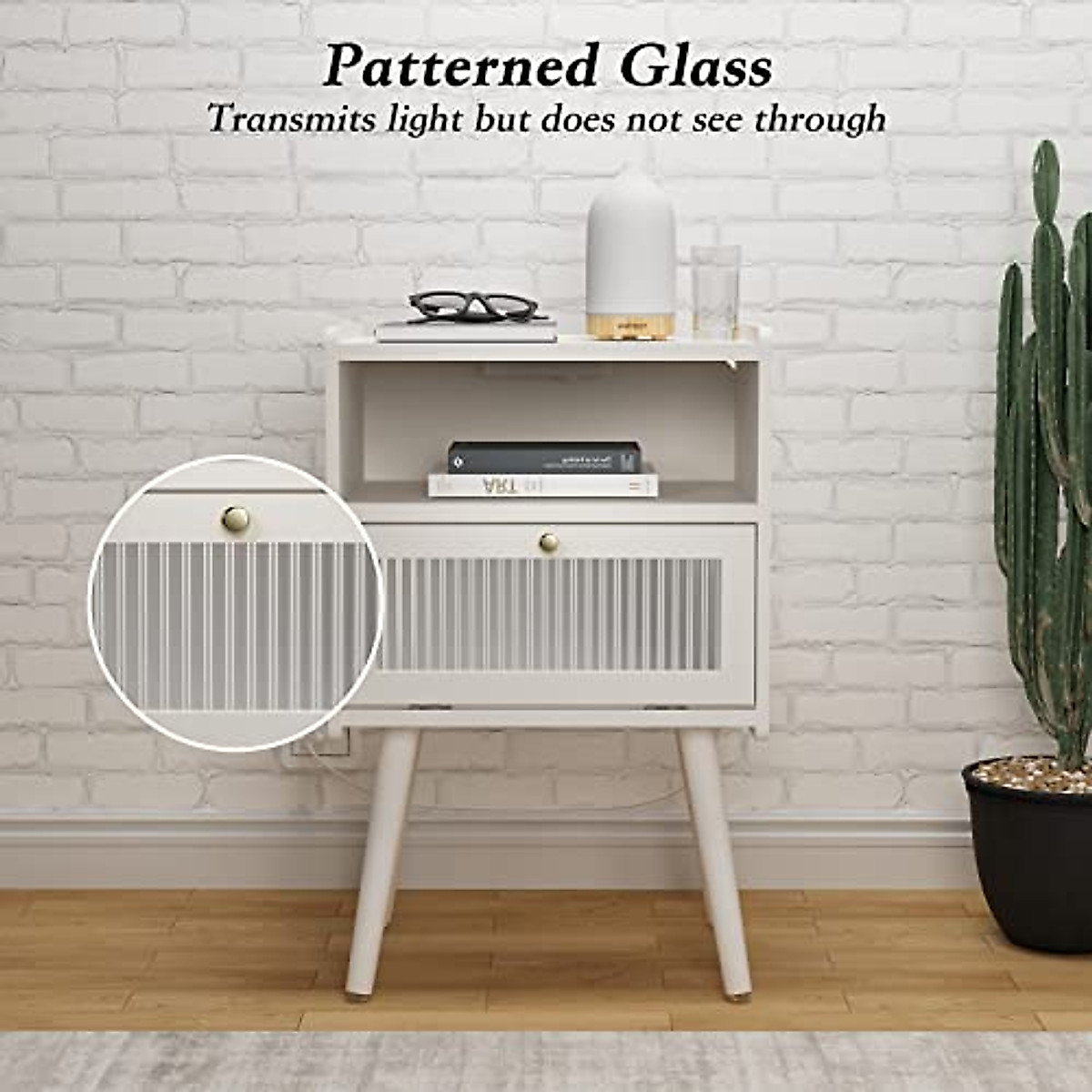 SOOWERY Mid Century Modern Nightstand with Charging Station, Bedside Tables with Glass Decorative Door, End Table Side Table with 2 Tiers Storage Space, for Bedroom, Living Room, White