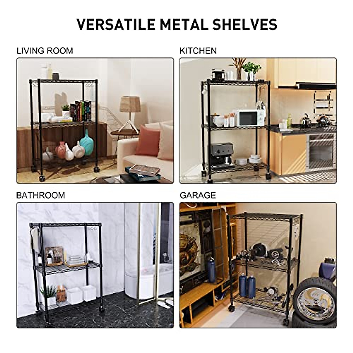 Storage Shelves, 3 Tier Shelf Adjustable Wire Shelving Unit, Sturdy Steel Metal Shelves Heavy Duty Shelving Rolling Cart with Casters for Garage, Kitchen, Living Room, Bathroom, 23.6L X 13.8W X 35.4H