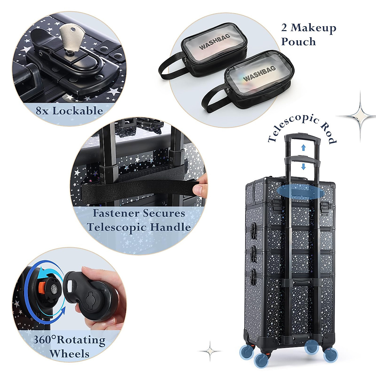 Stagiant Rolling Makeup Case 4 in 1 Cosmetology Case on Wheels Makeup Travel Case with Brush Waist Bag Key Swivel Wheels Salon Barber Case Traveling Cart Trunk Cosmetic Trolley Balck Star