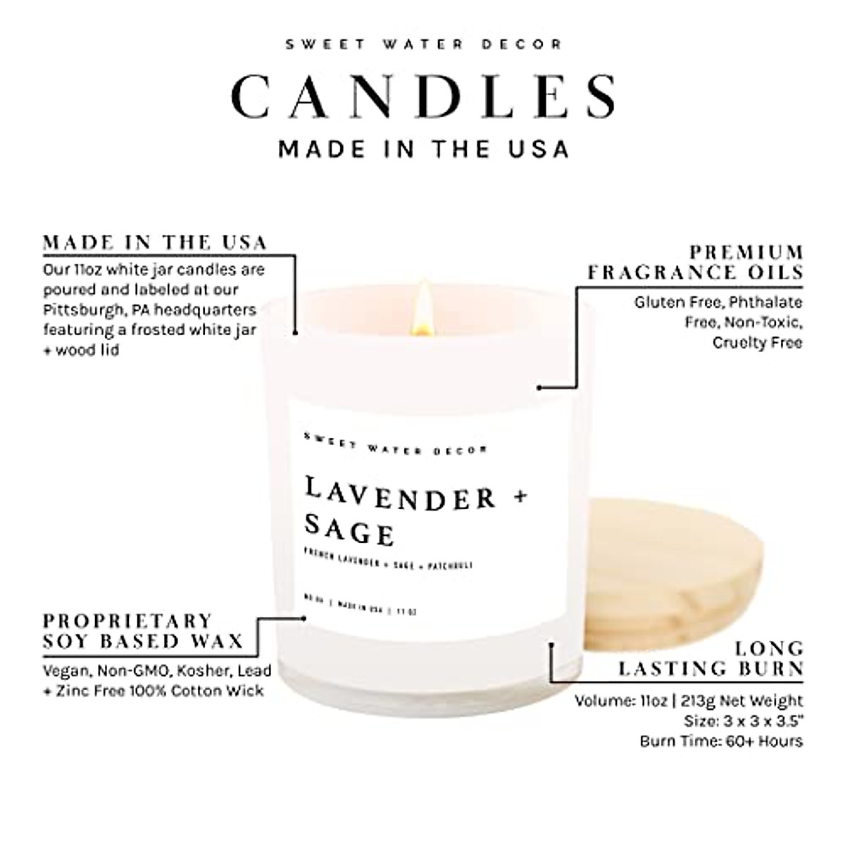 Sweet Water Decor Lavender and Sage Candle | Lavender, Sage, Musk, Patchouli Spa Scented Soy Candles for Home | 11oz White Jar Candle with Wood Lid, 50+ Hour Burn Time, Made in the USA