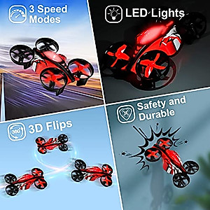 UNTEI 2 In 1 Mini Drone for Kids Remote Control Drone with Land Mode or Fly Mode, LED Lights,Auto Hovering, 3D Flip,Headless Mode and 3 Batteries,Toys Gifts for Boys Girls (Red)
