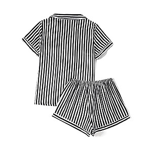 LYANER Women's Striped Silky Satin Pajamas Short Sleeve Top with Shorts Sleepwear PJ Set Black Small