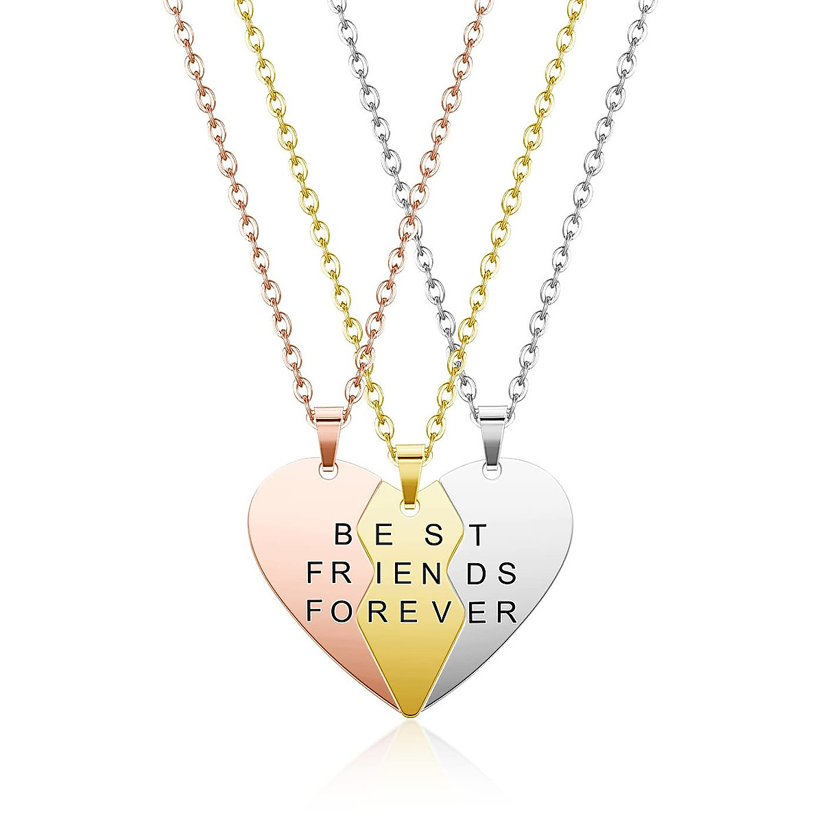BOPREINA 3pcs Personalized Best Friends Forever BFF Necklace Stainless Steel Engraved Puzzle Heart Friendship Pendant Custom Name Matching Heart Necklaces Gift Set