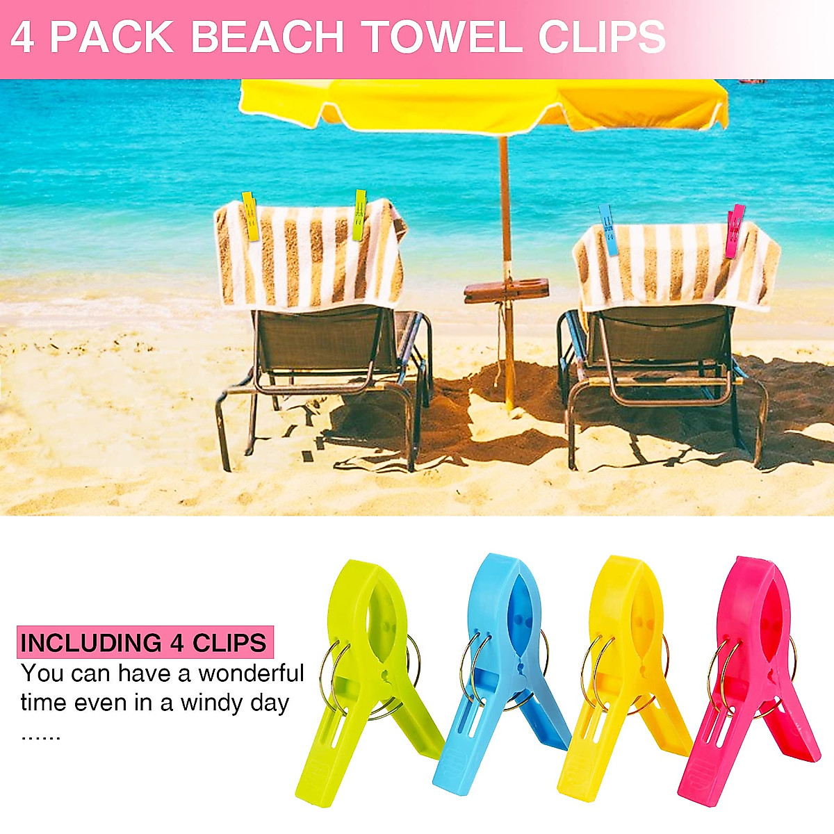 4 Pack, Beach Towel Clips, Plastic clipsr, Towel Clips for Chairs, Pool Towel Clips, Towel Clips for Beach Chair, Blankets, Pool Loungers, Cruise.
