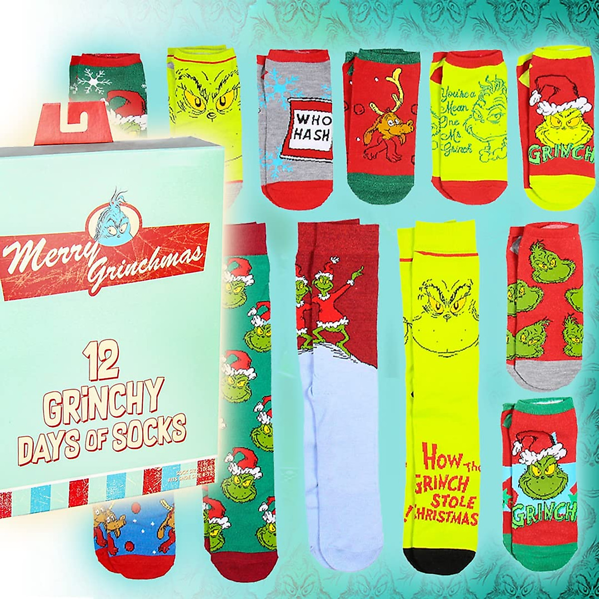 Bioworld The Grinch Merry Grinchmas 12 Grinchy Days Of Socks Mix and Match Gift Box Set