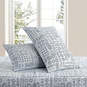 Indigo Ink - Queen Size Sheet Set, 4-Piece Boho Geometric Patterned Bedding, Soft & Wrinkle Resistant (White Denim Collection, Navy Blue)