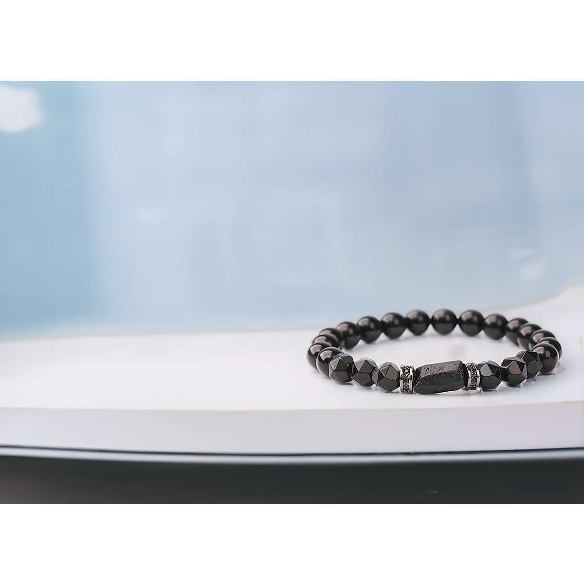 Handmade Natural Stone Black Tourmaline & Black Onyx Beaded Bracelet Men's and Women's