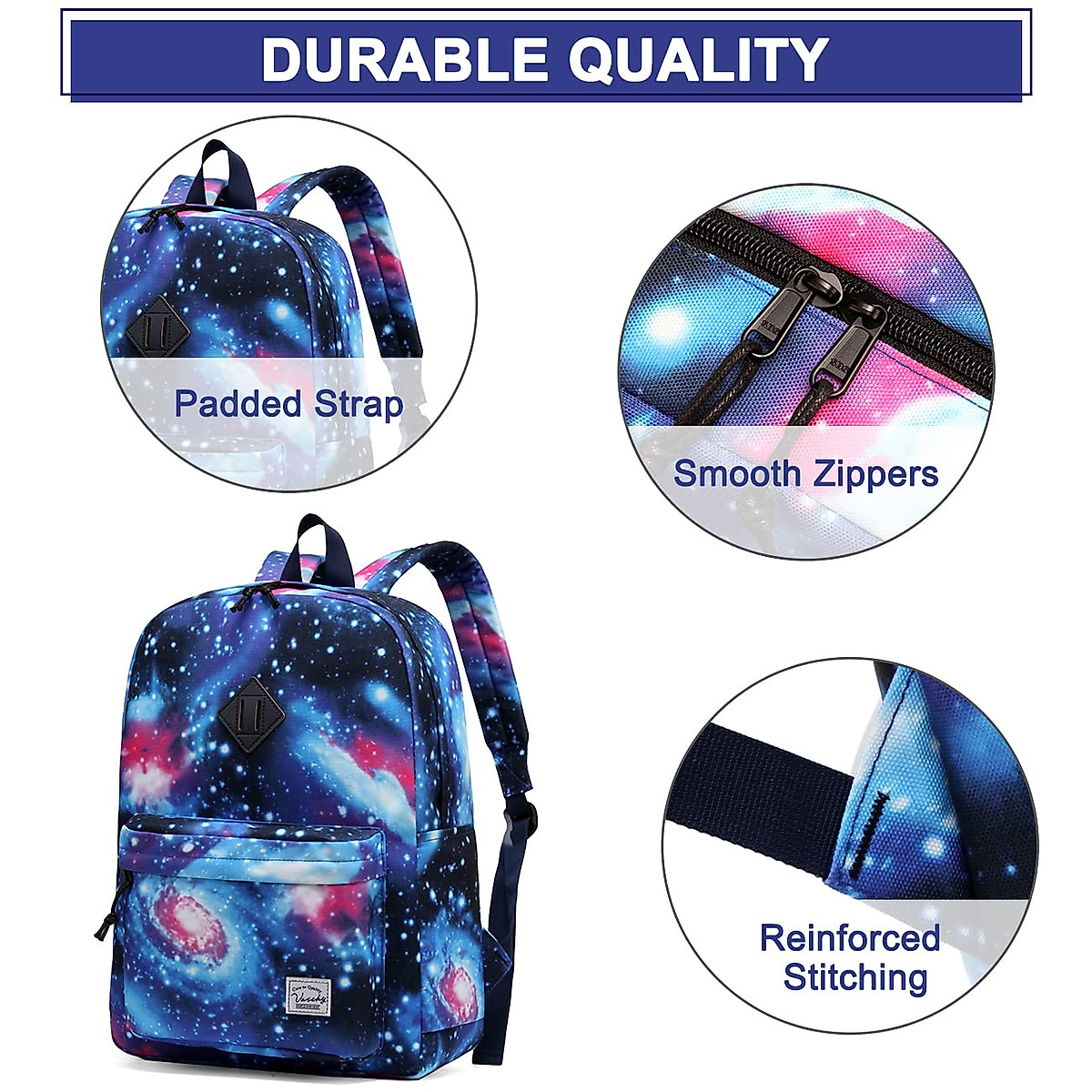 VASCHY Backpack for School, Lightweight Water Resistant Bookbag Casual Daypack for Middle School Teen Boys Girls Blue Galaxy