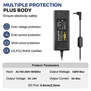 24V 5A Power Supply, LeTaoXing AC to DC 24V 5A 120W Power Adapter Charger AC 100V - 240V Transformer 5.5mm x 2.5mm Output Jack for LED Strip Light LED Driver CCTV Security System