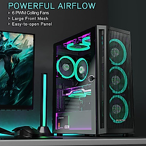 MUSETEX ATX PC Case Pre-Install 6 PWM ARGB Fans, Mid Tower Gaming Case with Opening Tempered Glass Side Panel Door, Mesh Computer Case, TW8