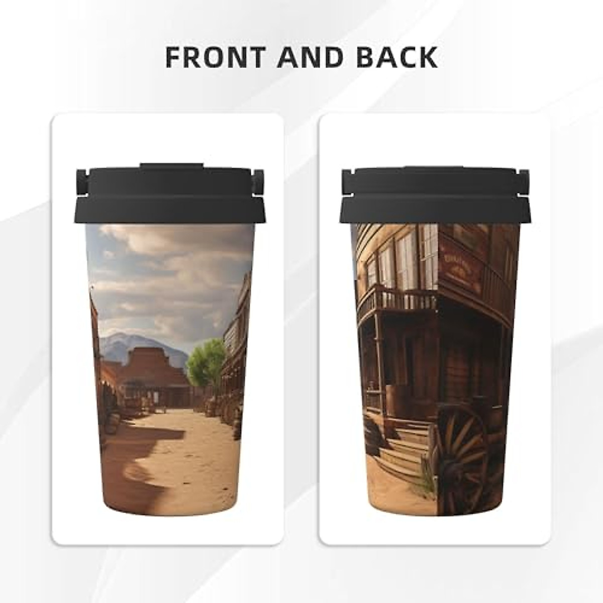 GTKSYNVE Reusable Coffee Mug with Lid and Handle, Old Wild West Cowboy Town Tumbler for Hot & Cold Drinks 16oz Stainless Steel Insulated Coffee Tumblers Double Wall Vacuum Thermal Cup