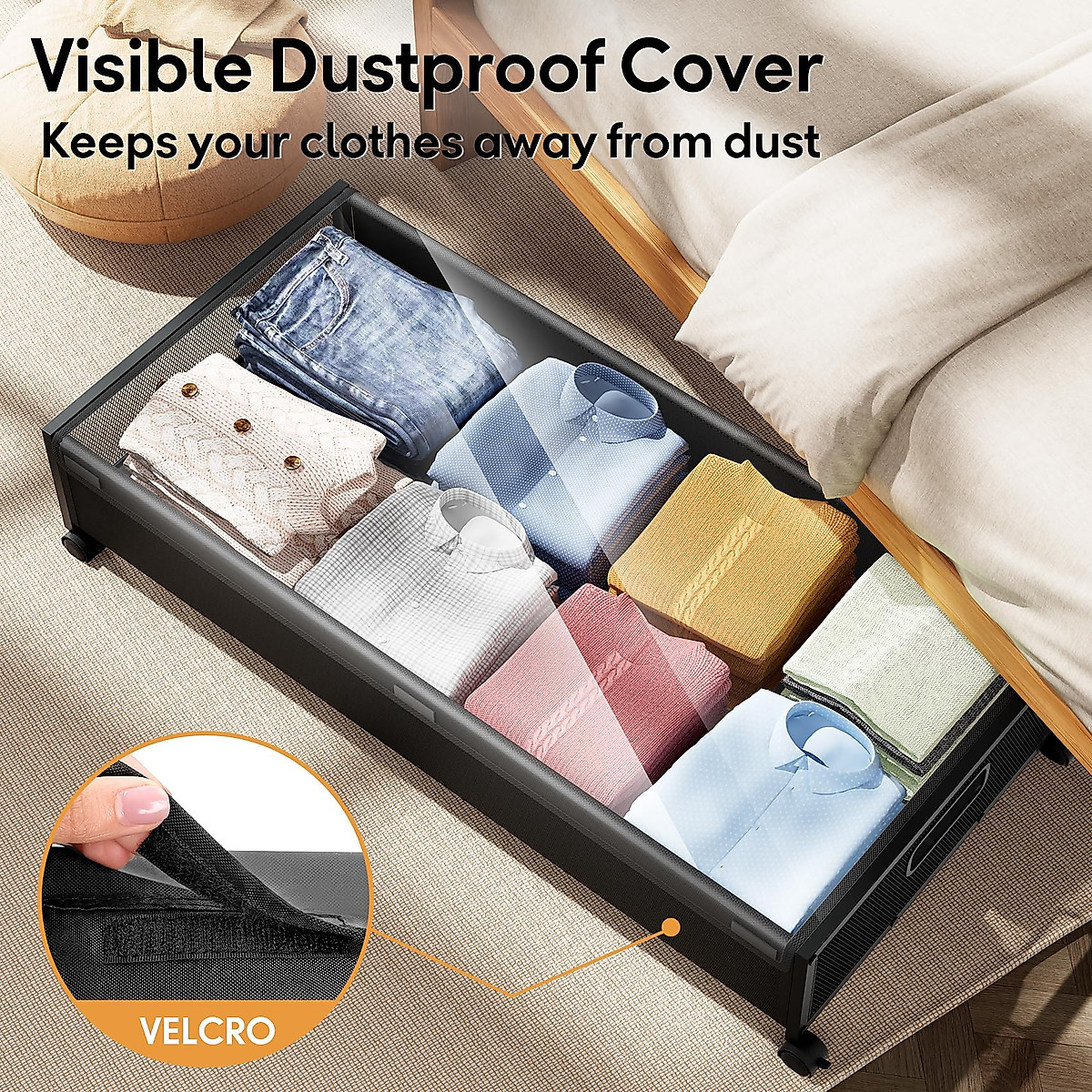 Under Bed Storage Containers with Wheels 2 Pack Underbed Shoe Storage Bedroom Storage Bins Organizer Large Capacity Under Bed Storage with Lid for Clothes Shoes Toys Blankets (Black)