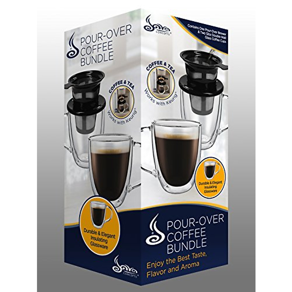 Java Concepts Pour Over Filter and 2 Double-Wall Glass, Black with 2 Mugs