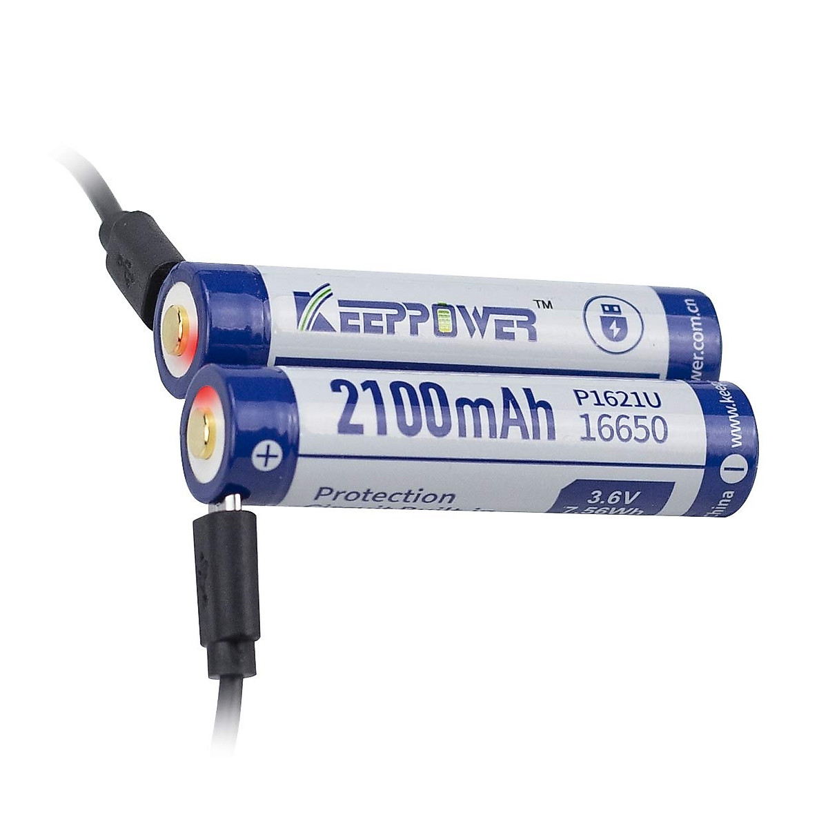 Keeppower Protected 16650 Li-ion Battery P1621U USB Rechargeable 3.6V 2100mAh 7.56Wh Flashlight Battery Included with a 2-in-1 Charging Cable (2 Pack)