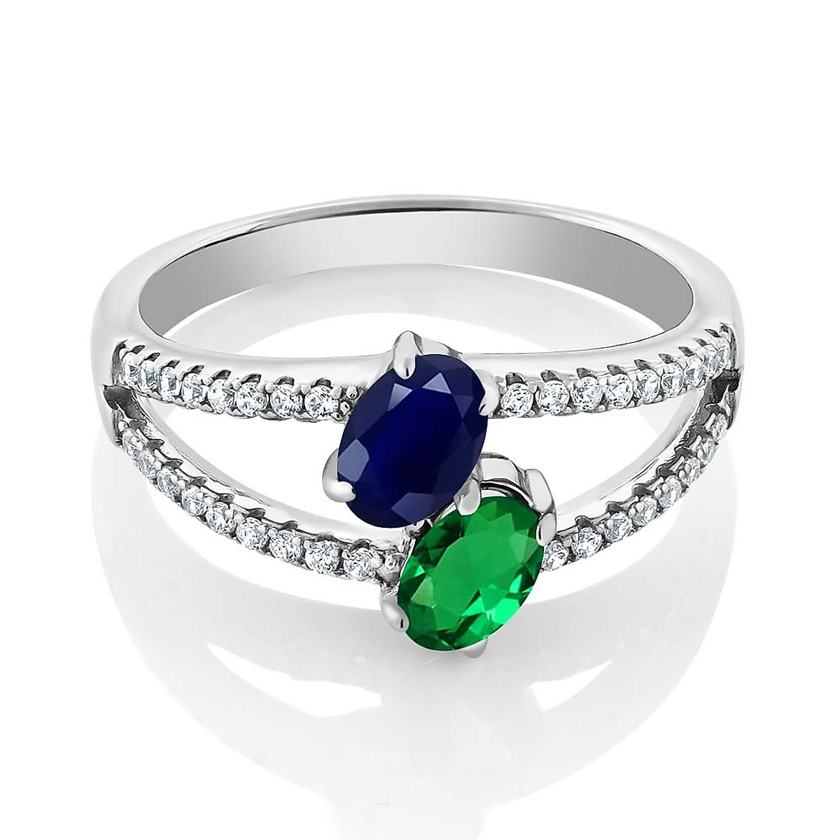 Gem Stone King 925 Sterling Silver Blue Sapphire and Green Simulated Emerald 2 Stone Ring For Women (1.36 Cttw, Gemstone Birthstone, Available In Size 5, 6, 7, 8, 9)