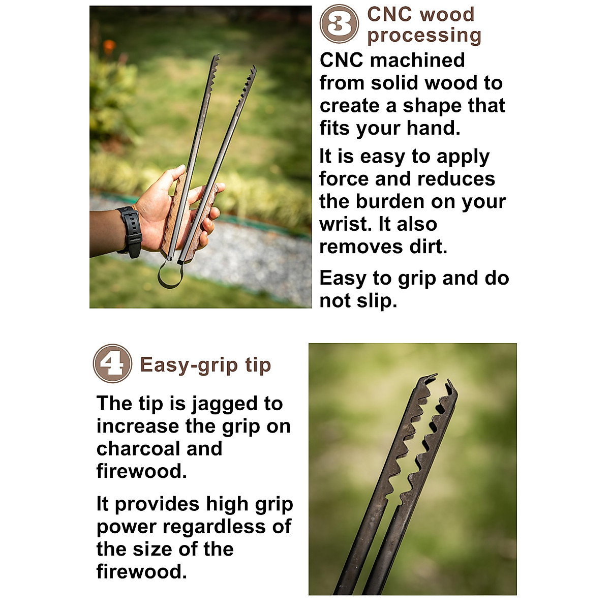 CAMPINGMOON 16-inch Length Fireplace Firewood Tongs with Scissor Shape Serrated Log Claw Tongs for Bonfire Campfire Fire Pit with Wood Hand BKMS-41