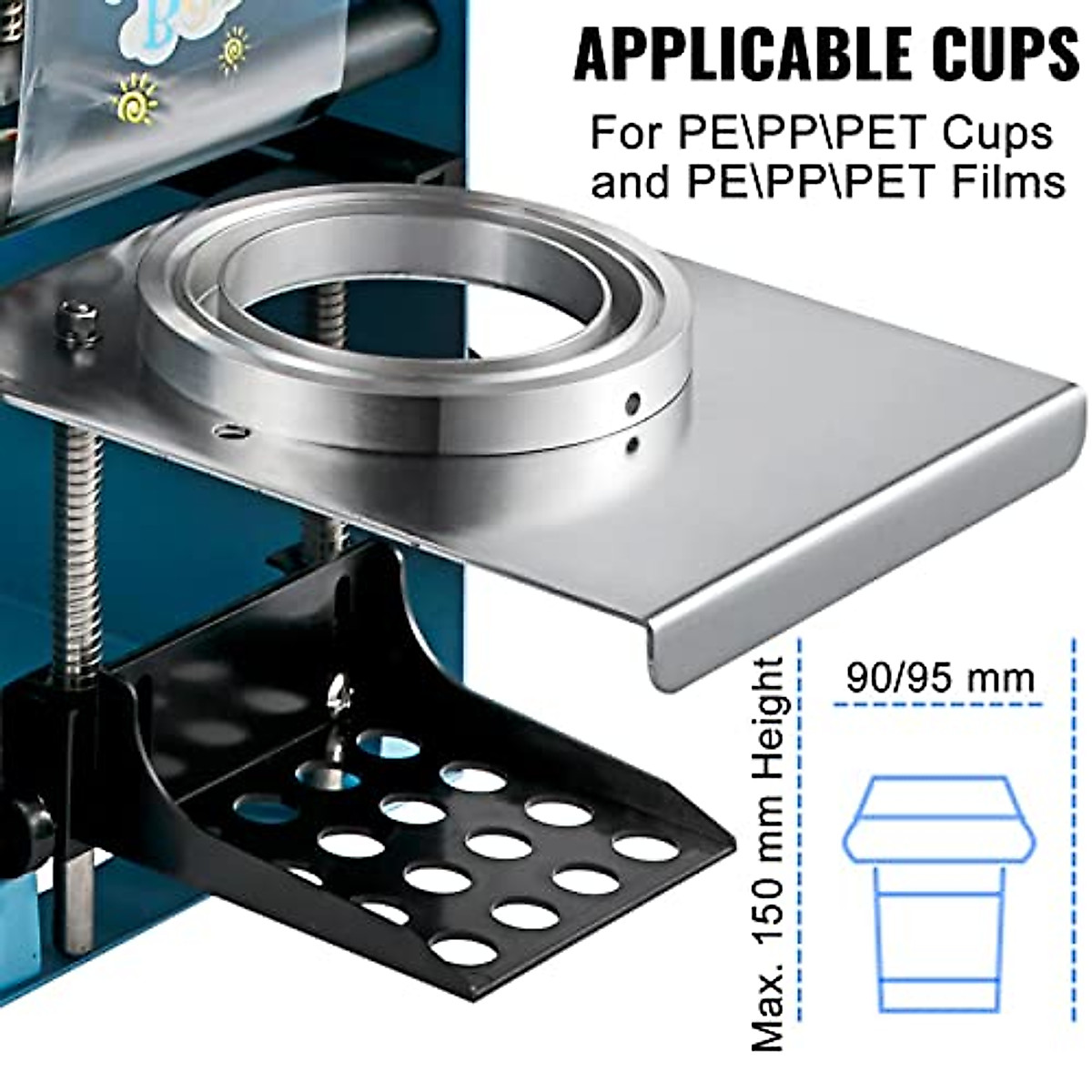 VEVOR Manual Tea Cup Sealer Machine, 300-500 Cup/h Manual Boba Tea Sealer Machine, Blue Boba Tea Sealing Machine, 90/95mm Cup Diameter Cup Sealing Mac