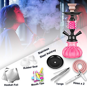 11'' 2 Hose Hookah Set With Everything - Mini Glass Pumpkin Vase, 50 Hookah Tips, 50 Hookah Foil (Pink)