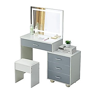 Vanity Table Set, Makeup Vanity Desk with 4 Drawers for Storage, Dressing Table with Led Touch Mirror, Upholstered Stool, White/Blue