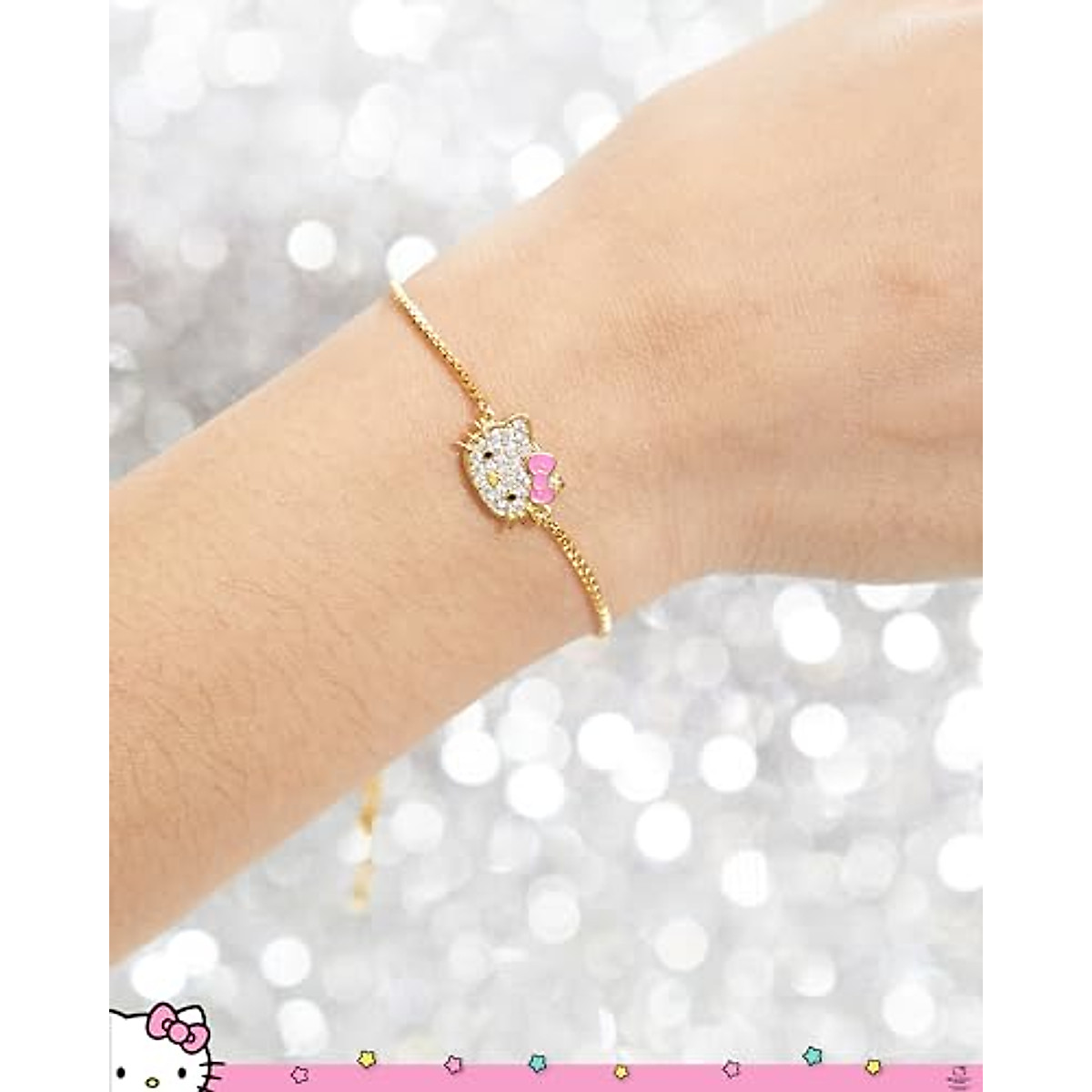 Hello Kitty Bracelet for Women Official License, 18k Gold Flash-Plated and Pave Cubic Zirconia Lariat Bracelet