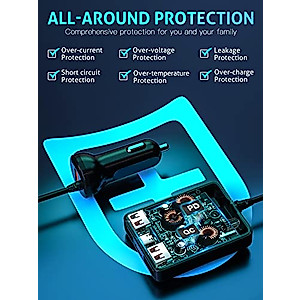 USB C Car Charger，SUMKUMY 74W Fast Car Phone Charger PD&QC3.0 with 6.5ft Cable for Back Seat Charging，4 Multi Ports Cigarette Lighter Adapter for iPhone 13/12/11，Samsung Galaxy S22/21，Google Pixel