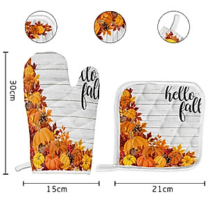 Hello Fall Oven Mitts and Pot Holder Set, Thermal Insulation Kitchen Oven Glove and Anti-Slip Potholder for Cooking, BBQ, Microwave, Grilling - Retro Farmhouse Pumpkins Leaves Wooden Grain