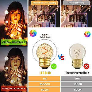 G40 Replacement Bulbs Night Light Bulbs Small Edison Light Bulb Base Sizes Chart Mini Globe Low Watt Light Bulbs 1W(10W Equivalent),AC120V Warm White 2200K 80LM,Outdoor Holiday Decorative Bulbs ,2Pack