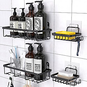 Awegety 4 Pack Shower Caddy Shelf Organizer with Soap Holder, Shower Shelves Basket with Adhesives/Screws Stainless Steel Bathroom Shelves with Hooks, Shower Storage Rack for Bathroom Kitchen Black