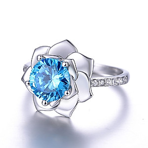 Merthus 8x8mm Round Simulated Blue Topaz 925 Sterling Silver Blossom Flower Lotus Ring for Women Size 6