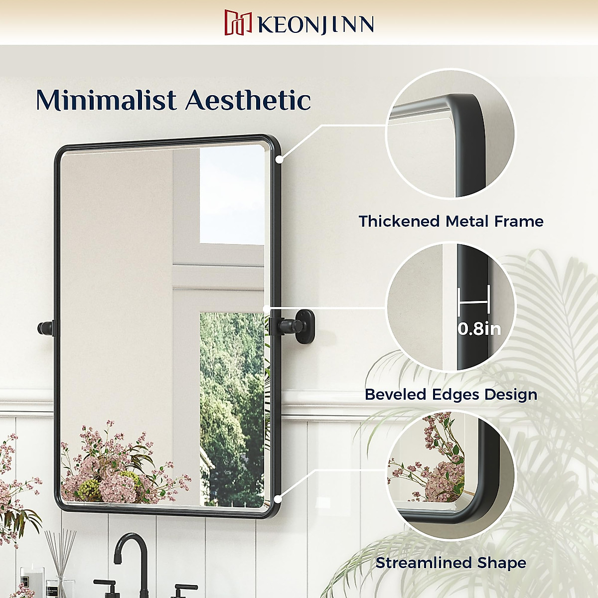 Keonjinn 16 x 24 In Small Pivot Mirror, Black Beveled Tilt Mirror Bathroom Rectangle, Adjustable Tilting Bathroom Mirror for Over Sink, Modern Fixed Bracket Framed Vanity Mirrors (Horizontal/Vertical)
