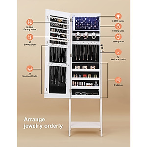 Nicetree 8 LEDs Standing Jewelry Mirror Cabinet, Full Length Mirror and Jewelry Storage All in One, Superior Storage Capacity Jewelry Armoire Stand Up Mirror (White)