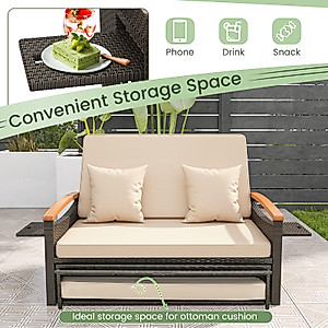 Tangkula Patio Rattan Daybed Set with Cushioned Loveseat and Storage Ottoman, Outdoor Double Chaise Lounger with 4-Level Adjustable Backrest and Retractable Side Trays for Backyard (Beige)
