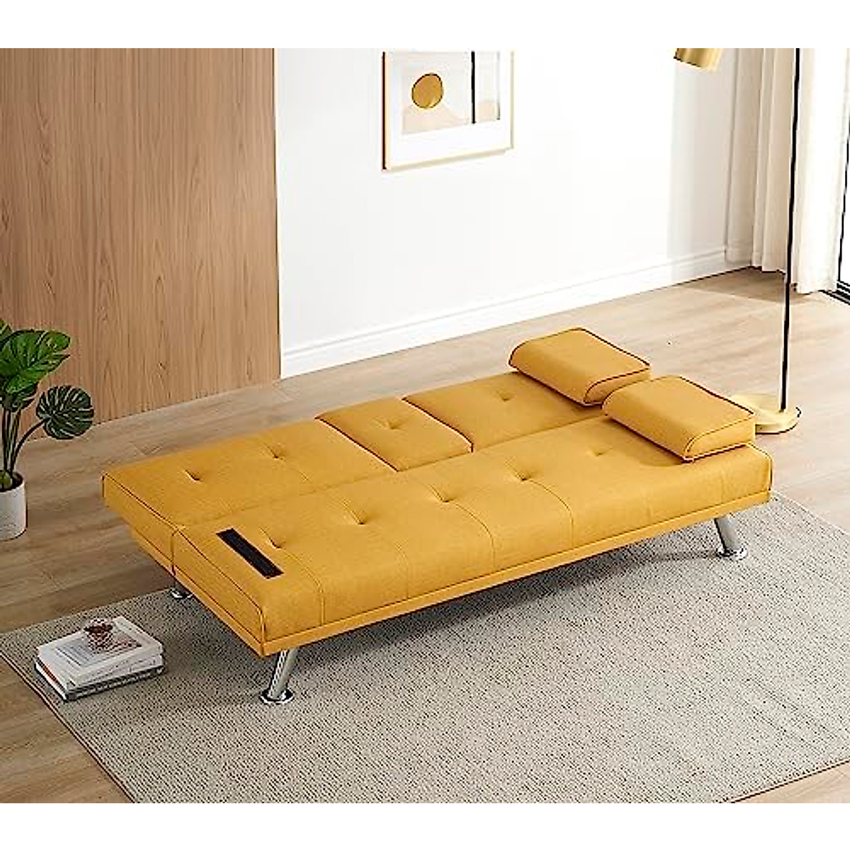 Anwick Modern Leather Futon Sofa Bed,Convertible Folding Couch Recliner Sleeper Loveseat for Small Space,Apartment,Office,Dorm,with Cup Holders and Removable Armrest (Yellow)