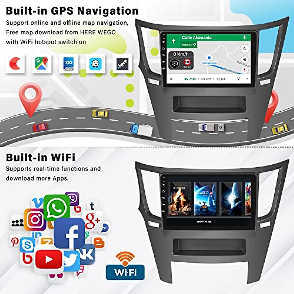 UNITOPSCI Android Car Stereo Radio for Subaru Outback Legacy 2010 2011 2012 2013 2014 Apple CarPlay Android Auto Bluetooth 9 Inch HD Touchscreen FM GPS Navigation WiFi HiFi USB with AHD Backup Camera