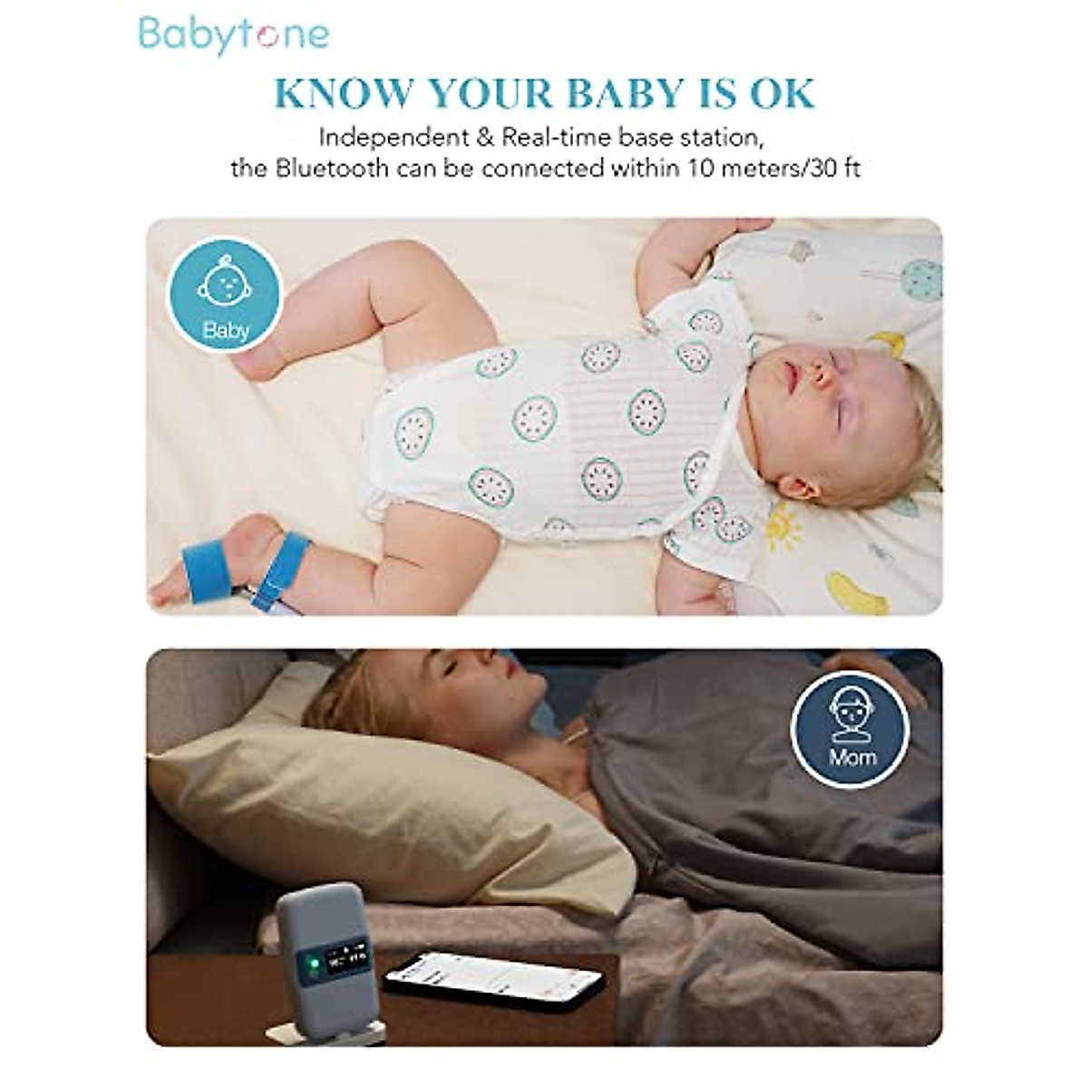 Babytone Baby Sleep Monitor with Base Station, Infant Breathing Monitor, Tracks Oxygen Level, Heart Rate and Movement, Smart Sock Foot Monitor with Free App Report, Fits Newborn 0 to 3 Years Old