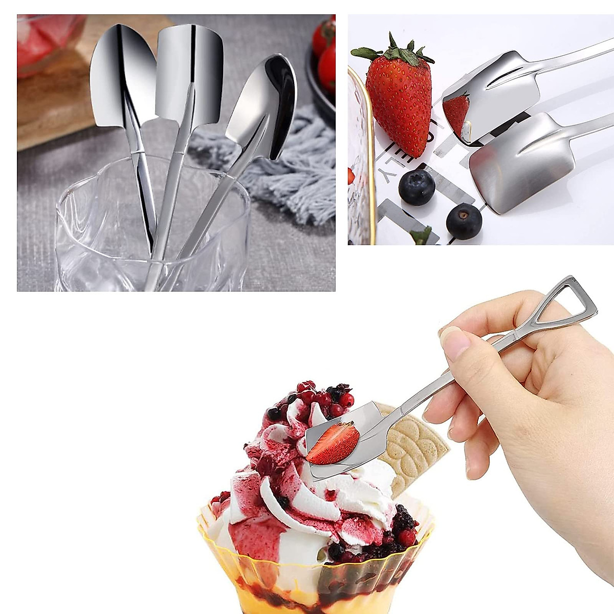 8 pcs Stainless steel shovel spoon set, including 4 sharp spoon, 4 flat spoon, creative dessert spoon, coffee spoon, ice cream fruit spoon, suitable for home, kitchen or restaurant