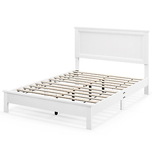 Giantex Wood Full Platform Bed Frame with Headboard, Mid Century Bed Frame with Solid Wood Legs & Wooden Slat Support, No Box Spring Needed, White Bed