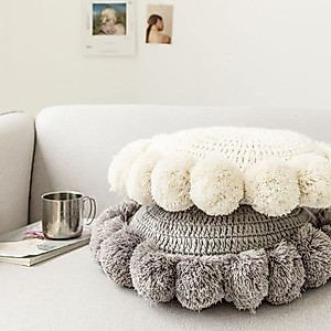 Adory Sweety Knitted Throw Pillow Round Couch Pillow Sofa Cute Cushion Handmade Pompoms Decorative Plush Pillow (Beige, Diameter 18inches)