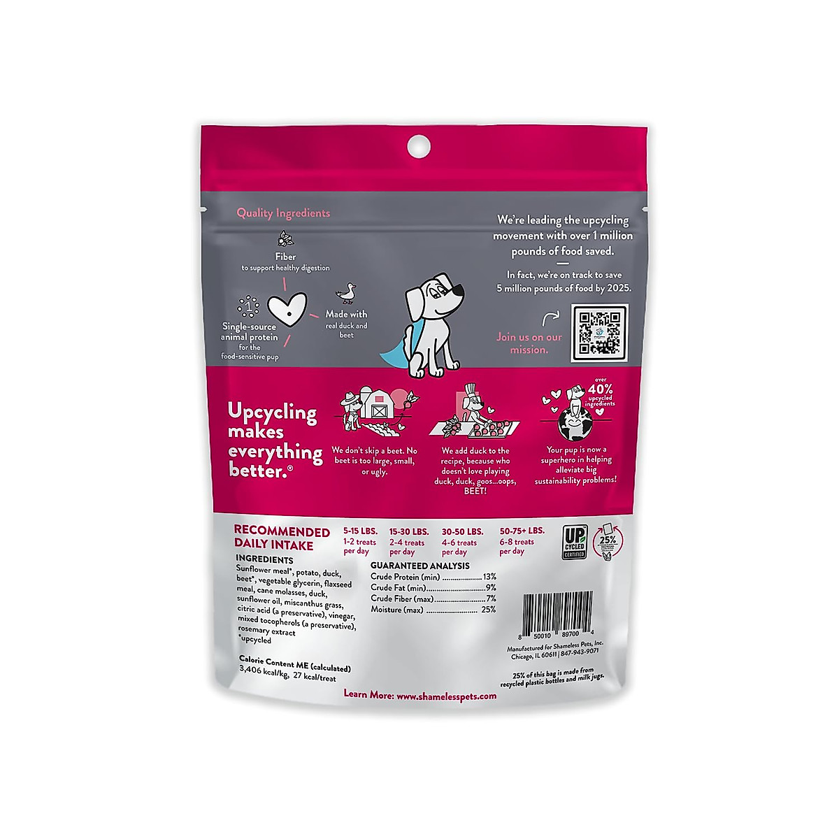 SHAMELESS PETS Soft Dog Treats - Natural, Healthy Dog Treats Made with Upcycled Ingredients & Zero Artificial Flavors, Grain Free Dog Biscuits, Supports Digestion - Duck Duck Beet, Pack of 2