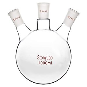 StonyLab Glass 3 Neck Round Bottom Flask RBF, with 24/40 Center and Side Standard Taper Outer Joint (1L)
