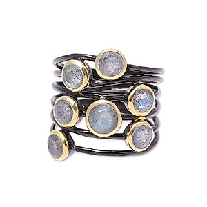 NOVICA Artisan Handmade Gold Accented Labradorite Cocktail Ring Multistone from India Sterling Silver Modern Bohemian [ring Front 0.8 in L x 0.7 in W x 0.2 in H Band Width 8 mm W] ' Dewy Morn'