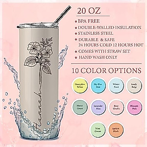 Birthday Gifts For Women, Personalized Skinny Tumblers with Birth Flower I 10 Colors - 20 Oz I Gifts for Women, BPA Free Tumbler Customized with Name