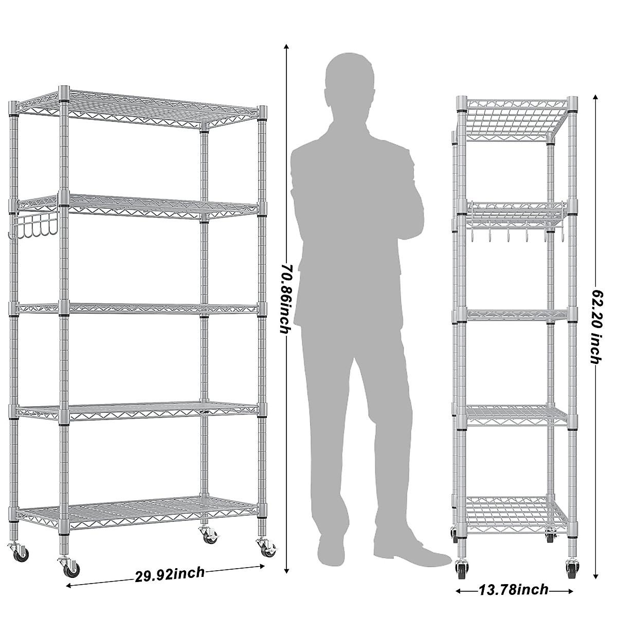 Homdox 5 Tier Adjustable Rolling Storage Shelves, Heavy Duty Wire Storage Racks and Shelving, Metal Shelves for Storage with Side Hooks for Pantry Closet Kitchen Garage Organization, Silver Gray